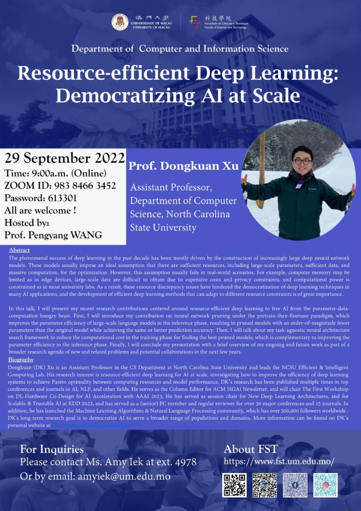 Resource-efficient Deep Learning: Democratizing AI at Scale Speaker: Prof. Dongkuan Xu from ...