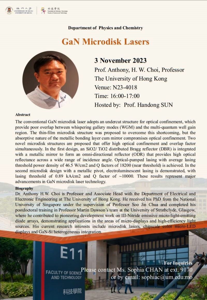GaN Microdisk Lasers – Faculty of Science and Technology | University of Macau