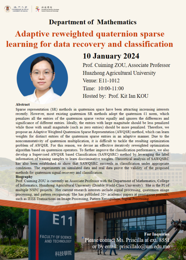 Adaptive Reweighted Quaternion Sparse Learning For Data Recovery And Classification Faculty Of