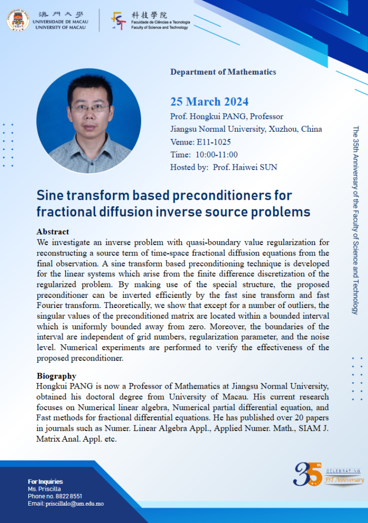 Sine Transform Based Preconditioners For Fractional Diffusion Inverse Source Problems Faculty