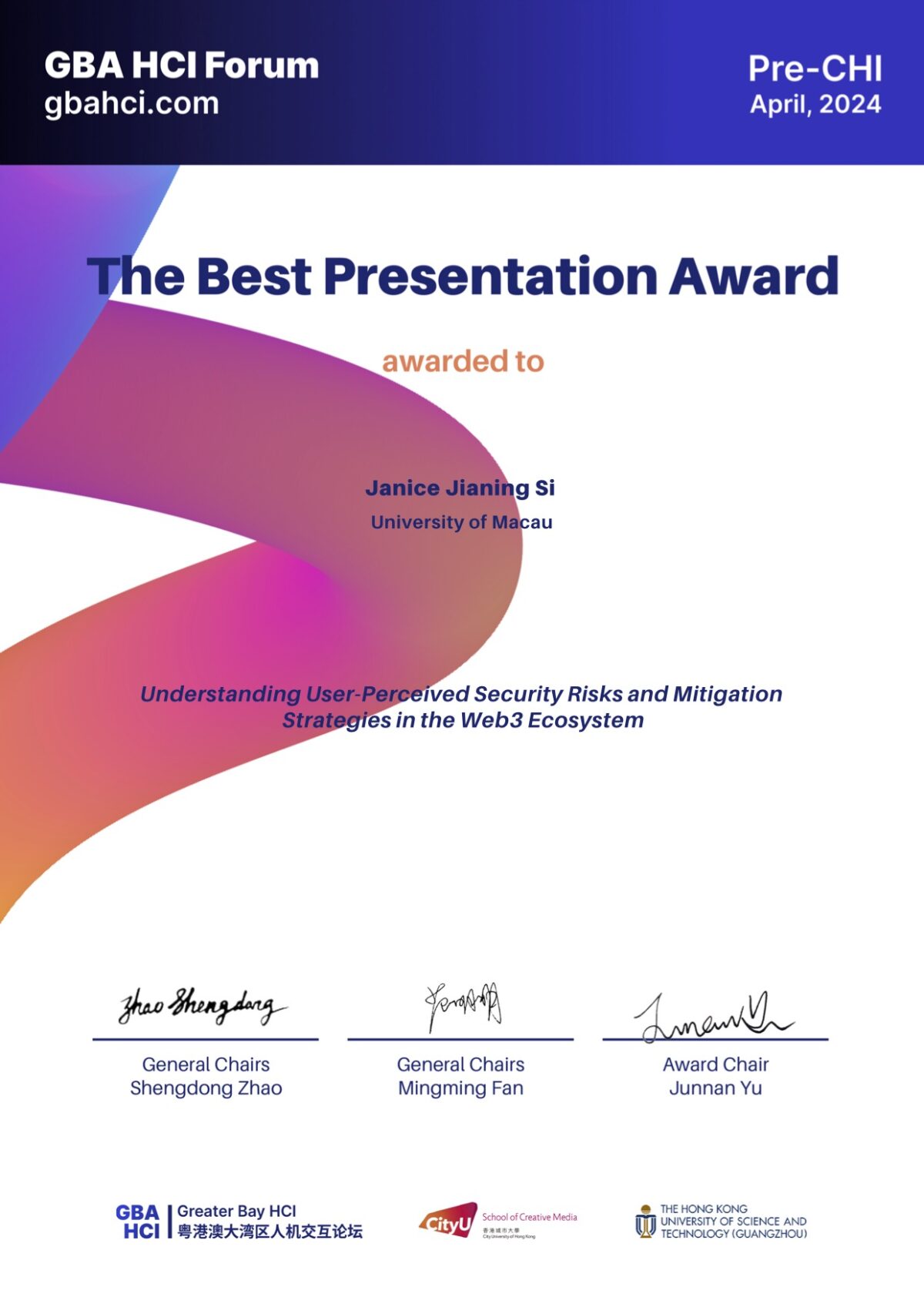 UM Student Wins Best Presentation Award at the Greater Bay Area HCI ...