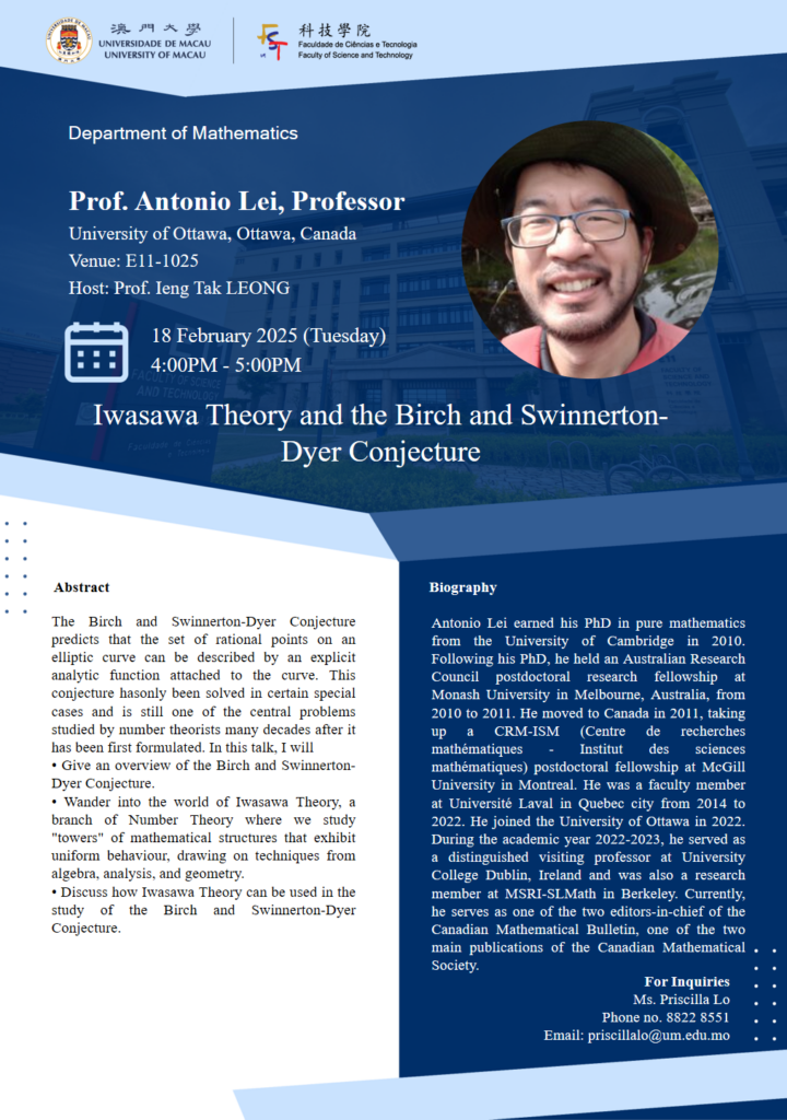 Iwasawa Theory and the Birch and Swinnerton-Dyer Conjecture – Faculty ...